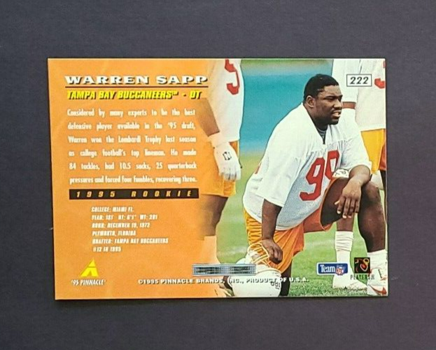 1995 Pinnacle Warren Sapp Rookie Card RC #222 Tampa Bay Buccaneers HOF ...
