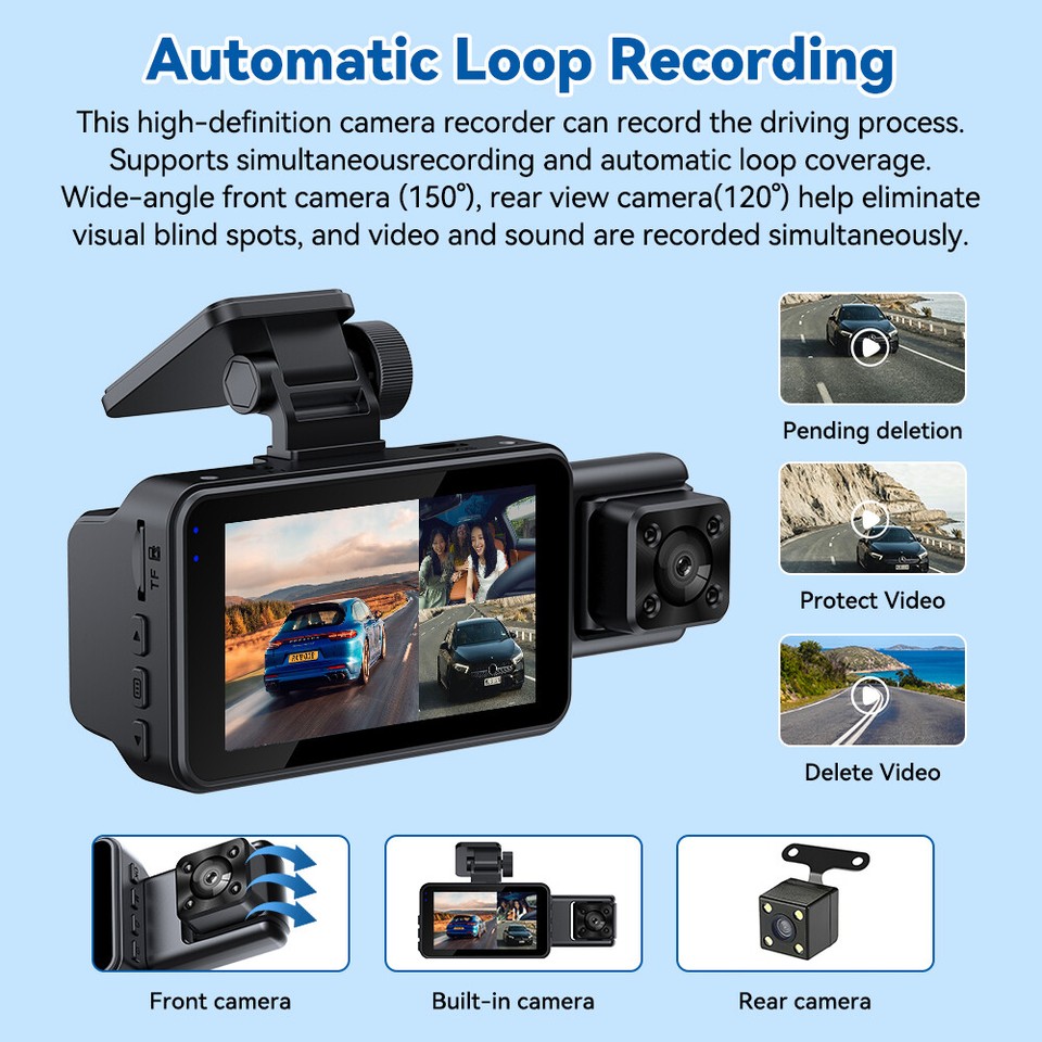 4K Dual Lens Car DVR Camera Dash Cam Front/Rear/Inside Video Recorder G ...