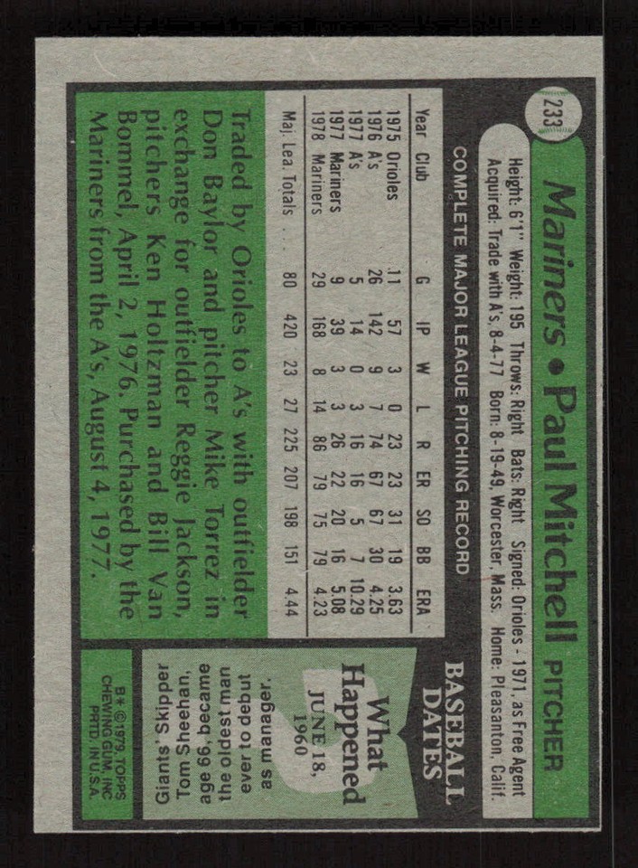 1979 Topps #233 Paul Mitchell Seattle Mariners | eBay