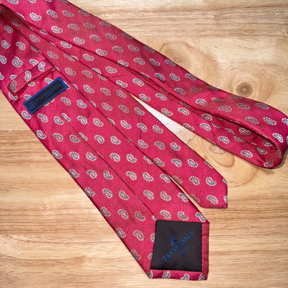 Tattersall London Coral Pink Tie With Miniature Paisley Print Handmade ...