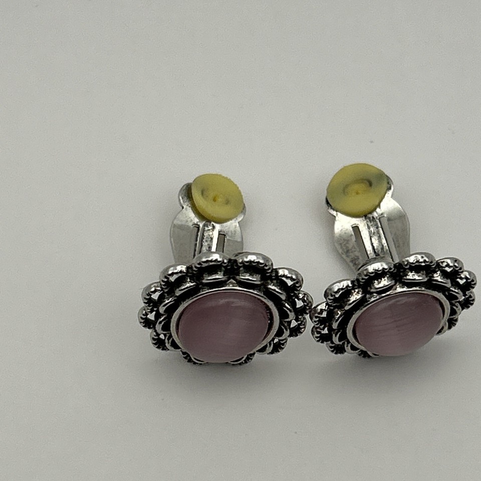 Silver Pink Cats Eyes Quartz Clip Earrings Silver Plated Oxidized ...