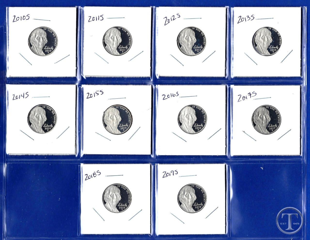 2010 S - 2019 S Jefferson Nickel Set-Gem Proof-IN STOCK-10 Proof ...