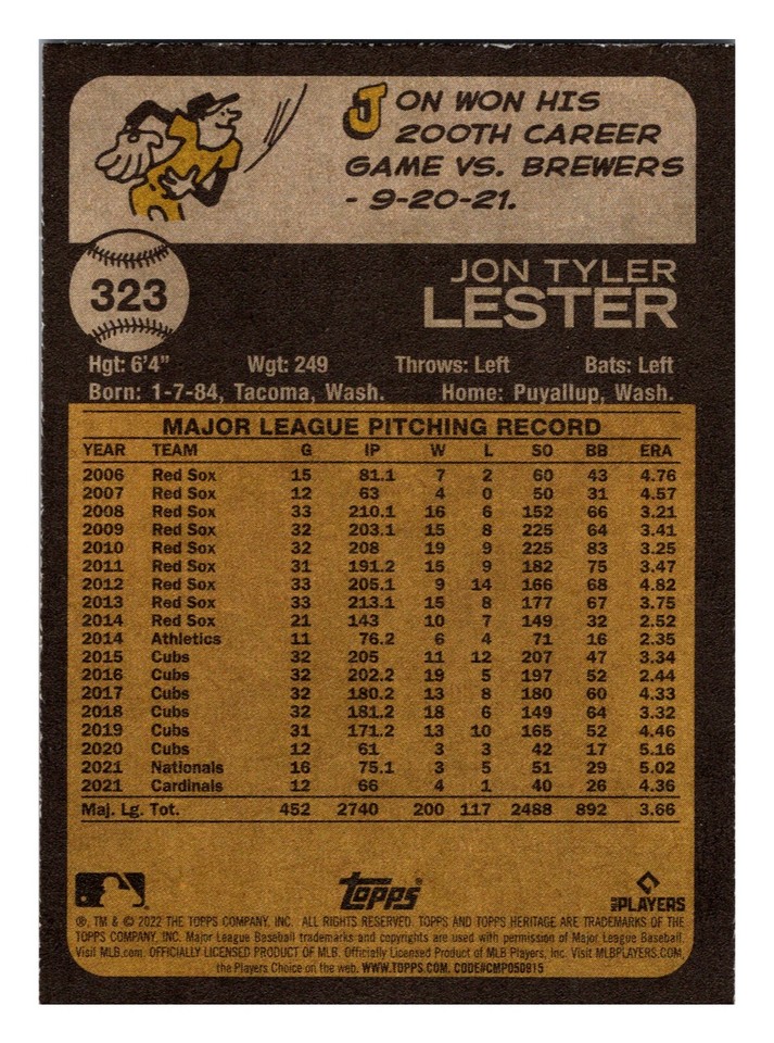 2022 Topps Heritage #323 Jon Lester - St. Louis Cardinals MLB Baseball ...
