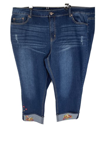 Avenue Jeans Womens Plus Size 26 Blue High Rise Floral Embroidered Cuff ...