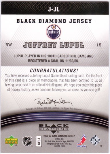 JOFFREY LUPUL 2006-07 Upper Deck Black Diamond Game Used Jersey Patch # ...