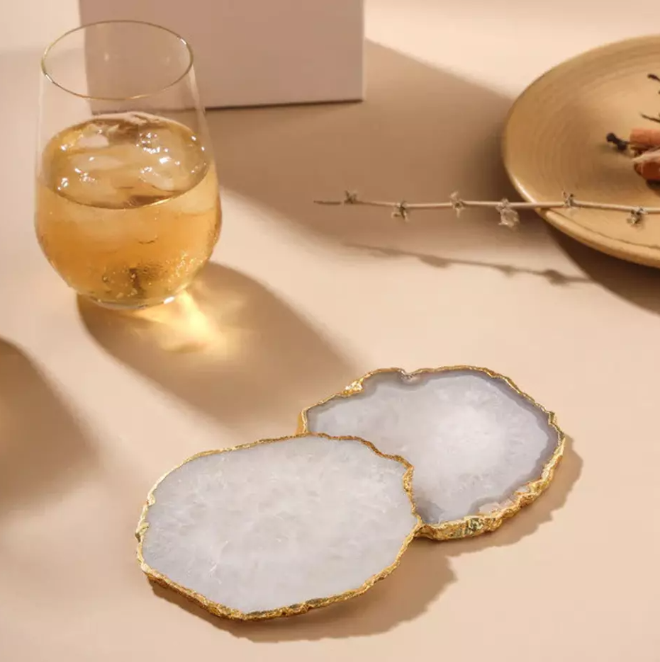 Natural White Agate Coaster – Gold-Edged Crystal Slice for Decor ...