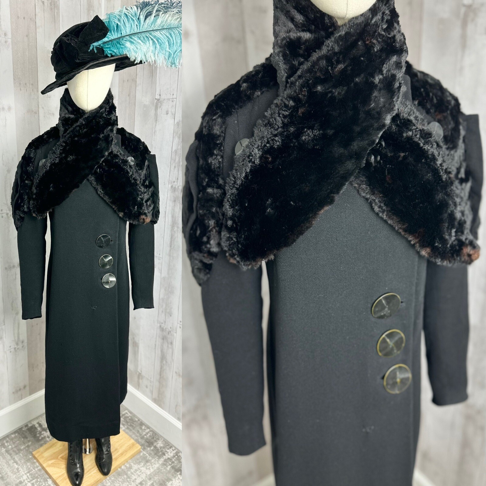1910s EDWARDIAN FROCK COAT Jet Black Wool Fur Wrap Co… - Gem