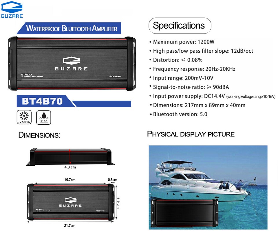 MARINE WATERPROOF AMPLIFIER GRADE 4-CHANNEL 1200W BOAT AMP for ATV UTV ...