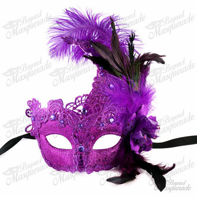 Womens Brocade Lace Ostrich Feather Venetian Masquerade Mask [Purple ...