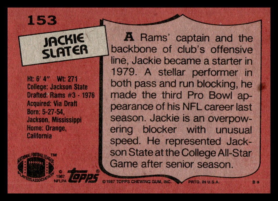 Jackie Slater 1987 Topps #153 Los Angeles Rams Football Card | eBay