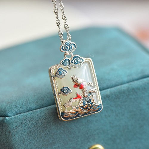S925 Silver Inlaid Nephrite Hotan Jade Fish Leaping Dragon Gate Pendant ...