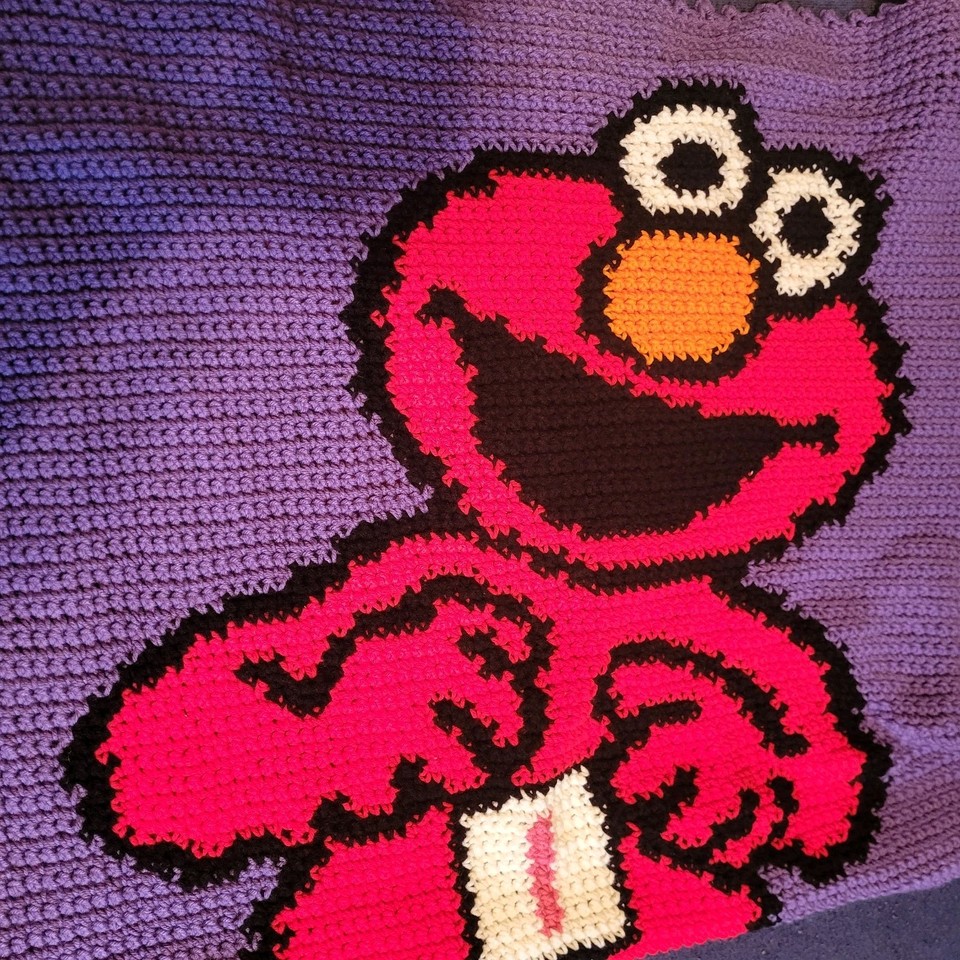 Vintage Elmo Hand Crocheted Blanket 56"x36" Sesame Street Purple ...