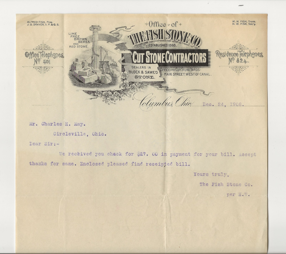 Nice Orig. 1908 Graphic Adv. LH - THE FISH STONE CO., Columbus, Oh ...