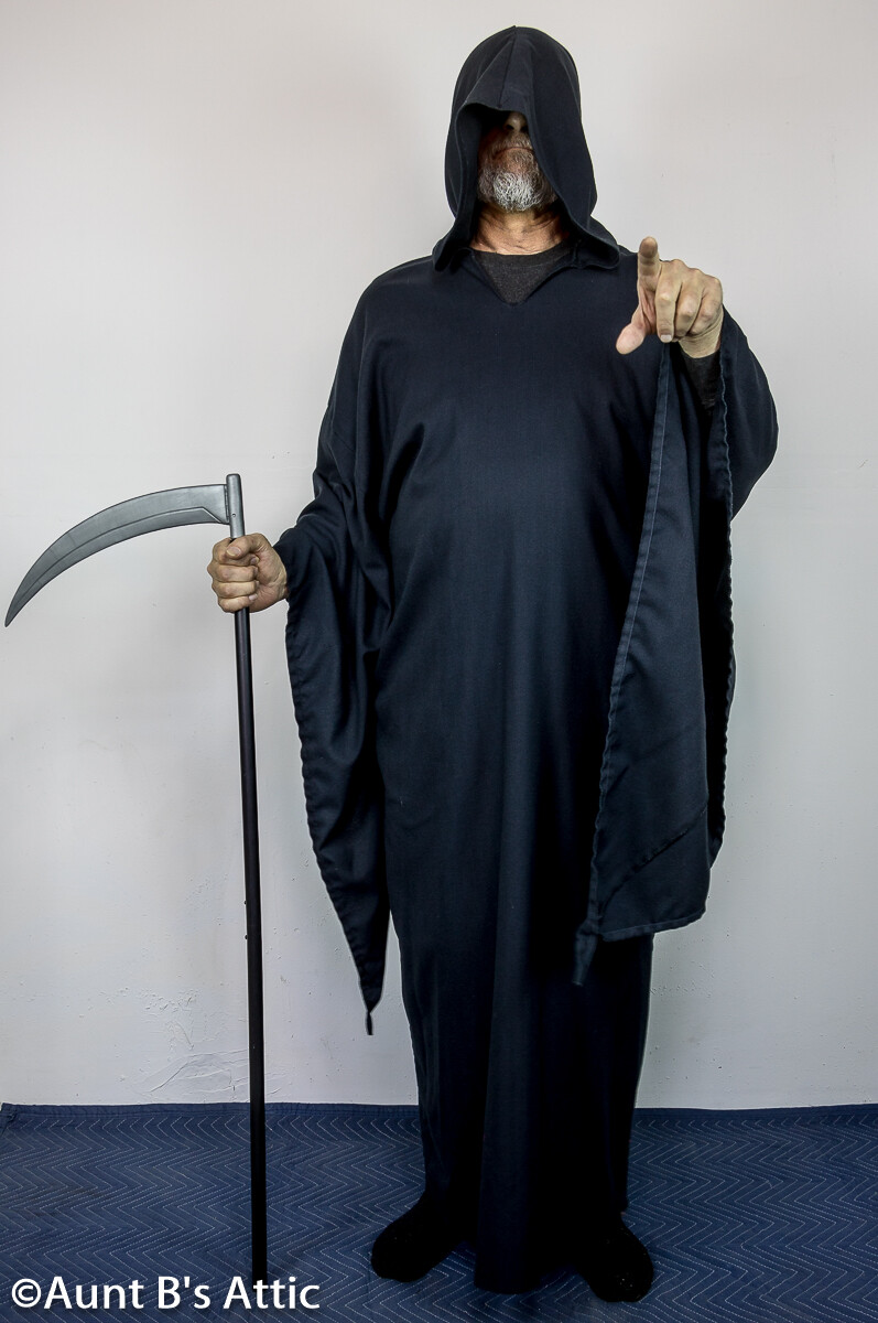 Grim Reaper Costume Black Long Hooded Halloween Horror Robe XL | eBay