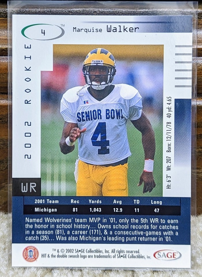 2002 Sage Hit Marquise Walker Rookie RC #4 Michigan Wolverines | eBay