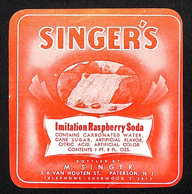 Singer's Imitation Raspberry Soda Paterson, NJ Paper Soda Label 1930's ...