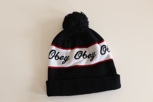 Obey Black White Red Pom Winter Beanie Stocking Cap Obey Spell out Logo ...