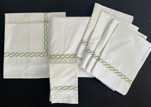 Matouk Cahin Cotton White/Green Queen Sheet Set 8 Piece Set Preowned | eBay