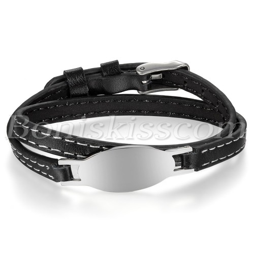 Multilayer Twisted Leather Polished Stainless Steel Tag Mens Women ...