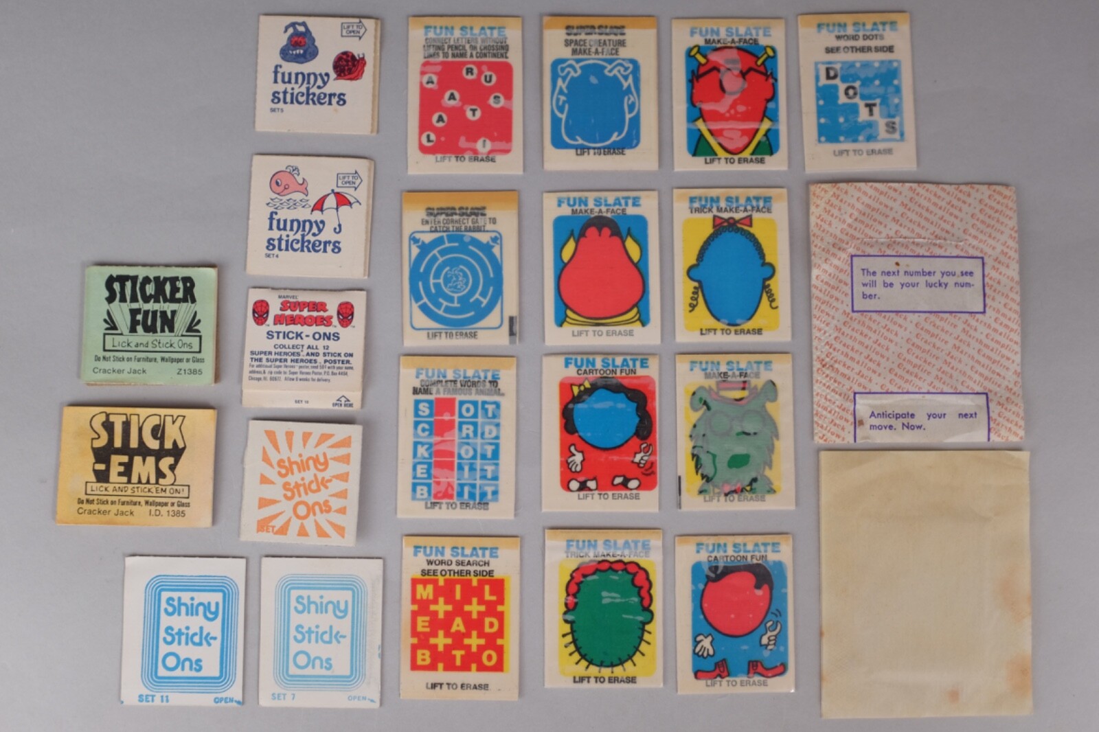 1960s CRACKER JACK Paper Lot of 22 NEW FUN SLATE Toy Prize STICKER ...