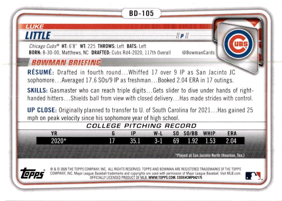 2020 Bowman Draft Baseball Luke Little #BD-105 | eBay