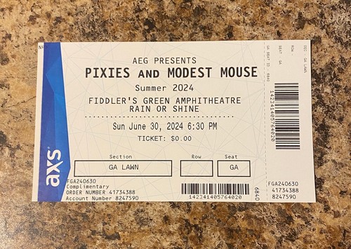 PIXIES & MODEST MOUSE 6/30/2024 Fiddlers Green Amphitheatre Ticket Stub ...