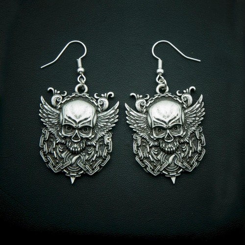 Wings Winged Skull Dangle Earrings Silver Finish Biker Goth Chains Punk ...