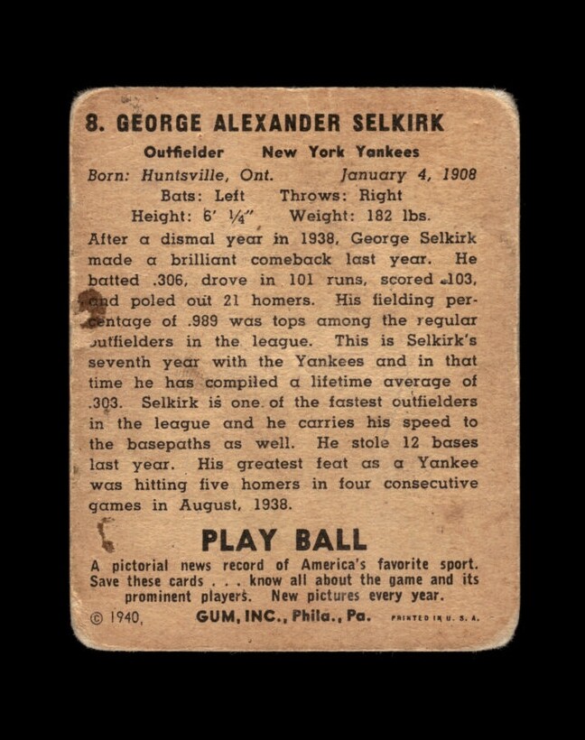 1940 Play Ball Set-Break # 8 George Selkirk LOW GRADE (crease) *GMCARDS ...
