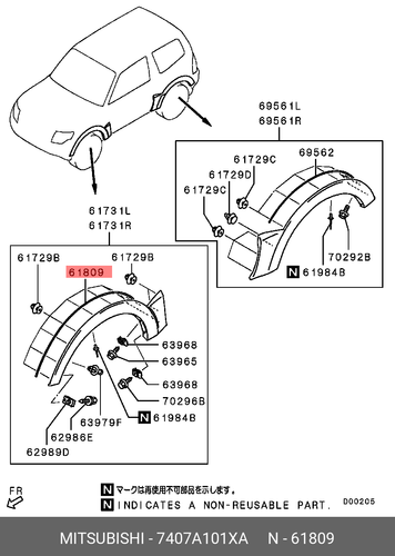 Genuine OE Pad Rear Over Fender 7407A101XA for Mitsubishi 7407A-101XA ...