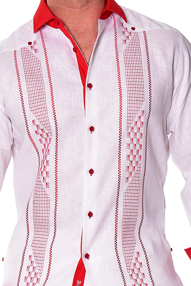 Bohio 100% Linen Fancy Guayabera Shirt for Men in White/Red Embroidered ...