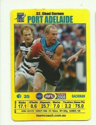 2008 TEAMCOACH GOLD PORT ADELAIDE CHAD CORNES # 32 CARD AFL TEAM COACH ...