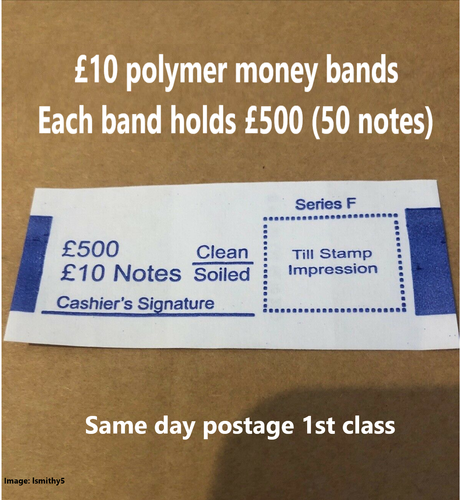 50 x £10 polymer note money bands UK currency straps. 1 band holds £500 ...