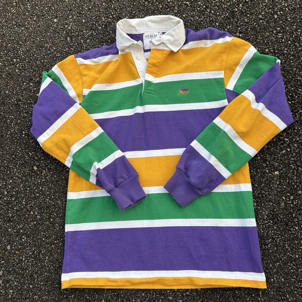 Vintage Crawfish Perlis Mardi Gras Rugby Shirt XS Mens Striped Long ...