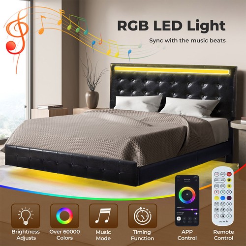 Levede Floating Bed Frame Double with Headboard LED Lights Mattress ...