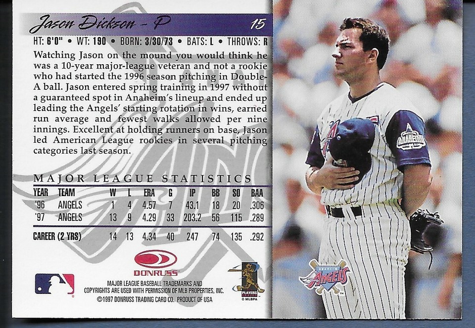 1998 Donruss Anaheim Angels Baseball Card #15 Jason Dickson | eBay