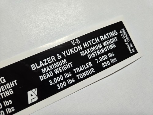 Hitch Rating Label/Sticker fits K5 Blazer Yukon Suburban GM Receiver ...