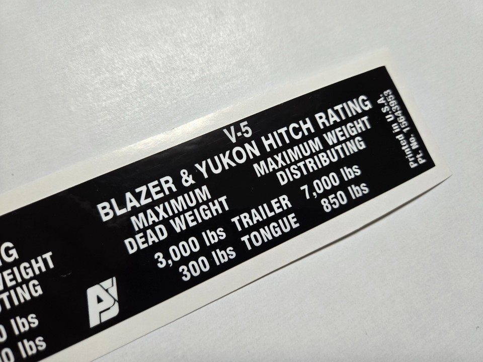 Hitch Rating Label/Sticker fits K5 Blazer Yukon Suburban GM Receiver ...