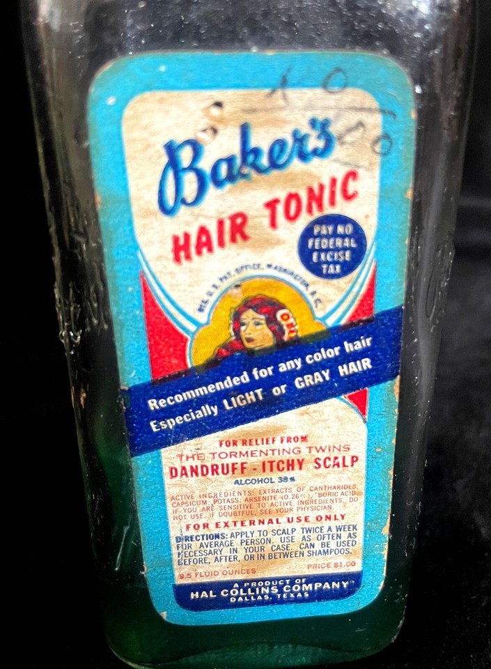 Vintage Baker's Best Hair Tonic Bottle With Label, some product, Hal ...