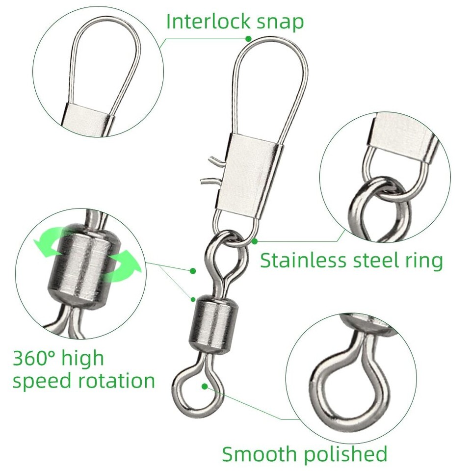 100PCS Fishing Connector Rolling Barrel Swivel with Interlock Snap Tackle 12-4/0 | eBay