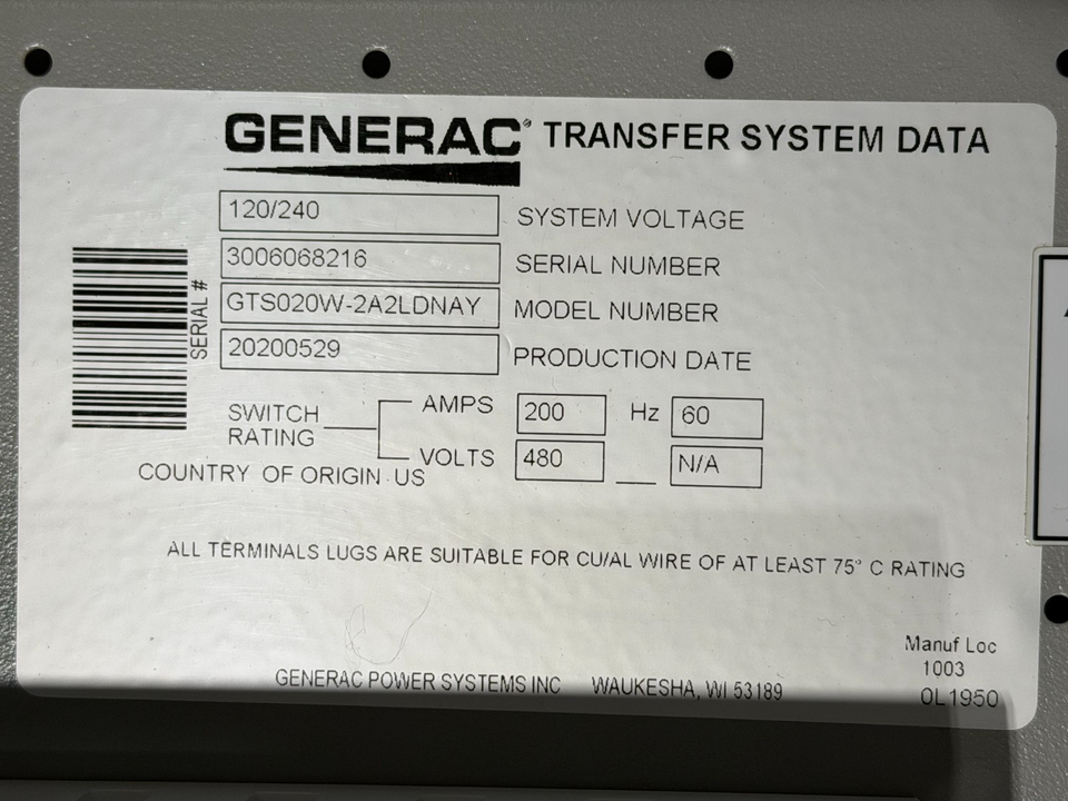 GENERAC Automatic Transfer Switch (ATS) | GTS020W-2A2LDNAY | eBay