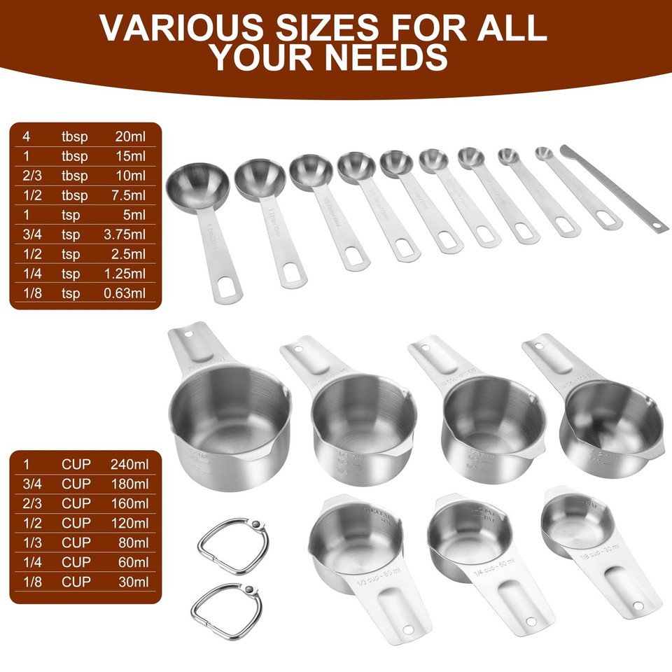 17 Pieces Measuring Cups & Spoons set, 7 Cups, 9 17 with Spout, Silver ...
