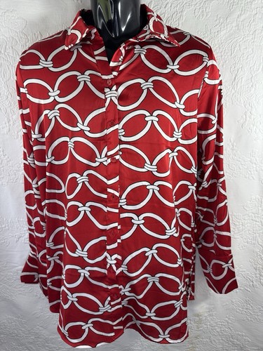 Milk And Honey Red Chain Link Print Long Collared Button Up Blouse NWT ...