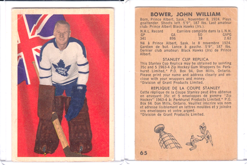 1963-64 PARKHURST # 65 JOHNNY BOWER TORONTO MAPLE LEAF VG-EX SMALL ...