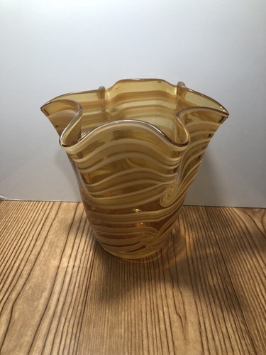 Hand Blown Art Glass Royal Gallery Poland Ruffled Amber Handkerchief ...