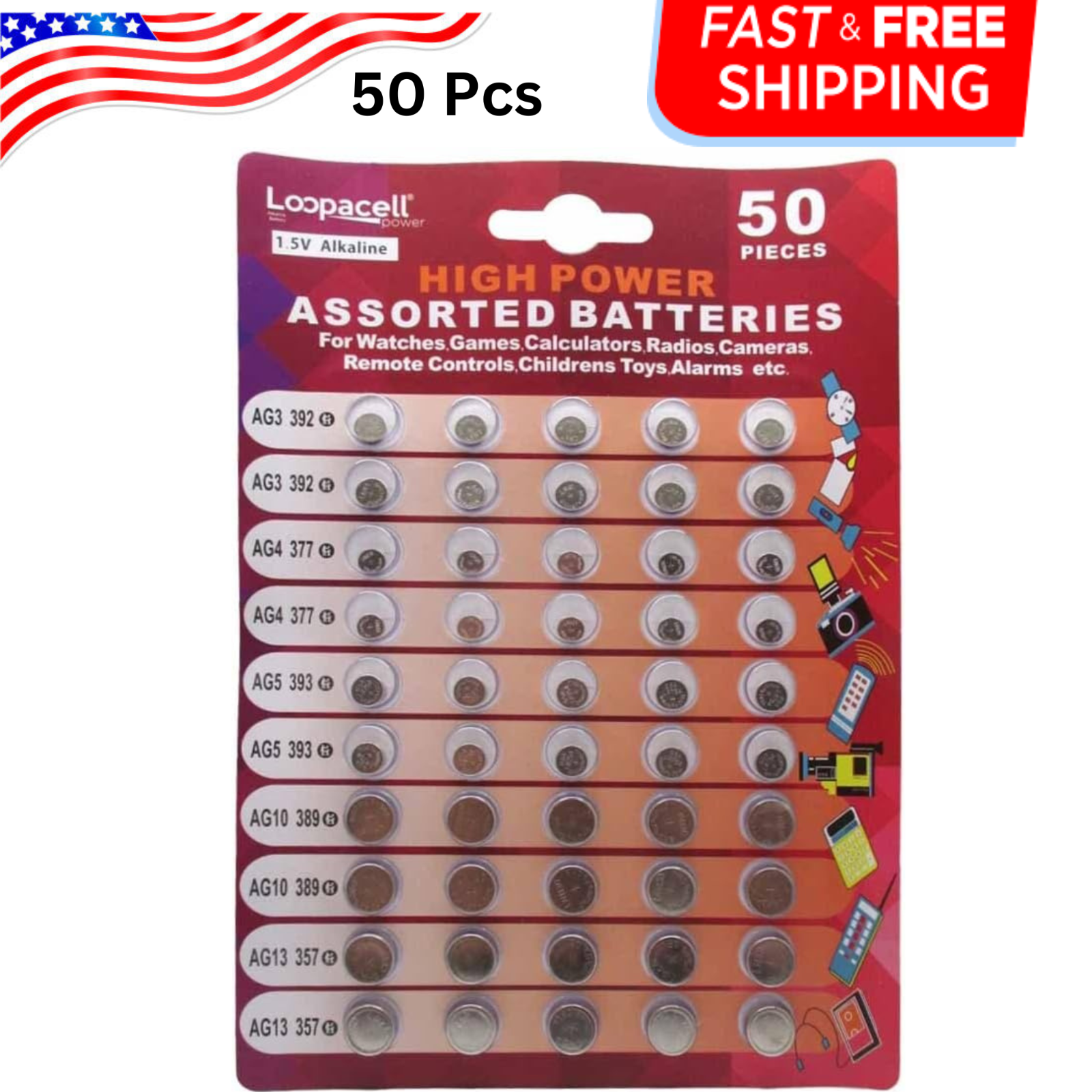High Power Super Alkaline Button Cell Batteries – 50 Count Assorted ...