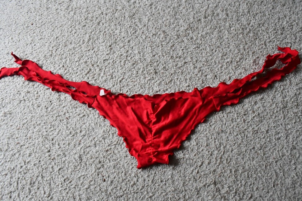 RED SCALLOPED SHORTS RUCHED REAR END SIDE TIES SMALL NYLON SPANDEX | eBay