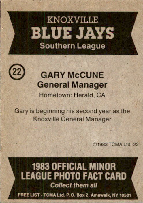 1983 Knoxville Blue Jays TCMA #22 Gary McCune Herald California GM ...