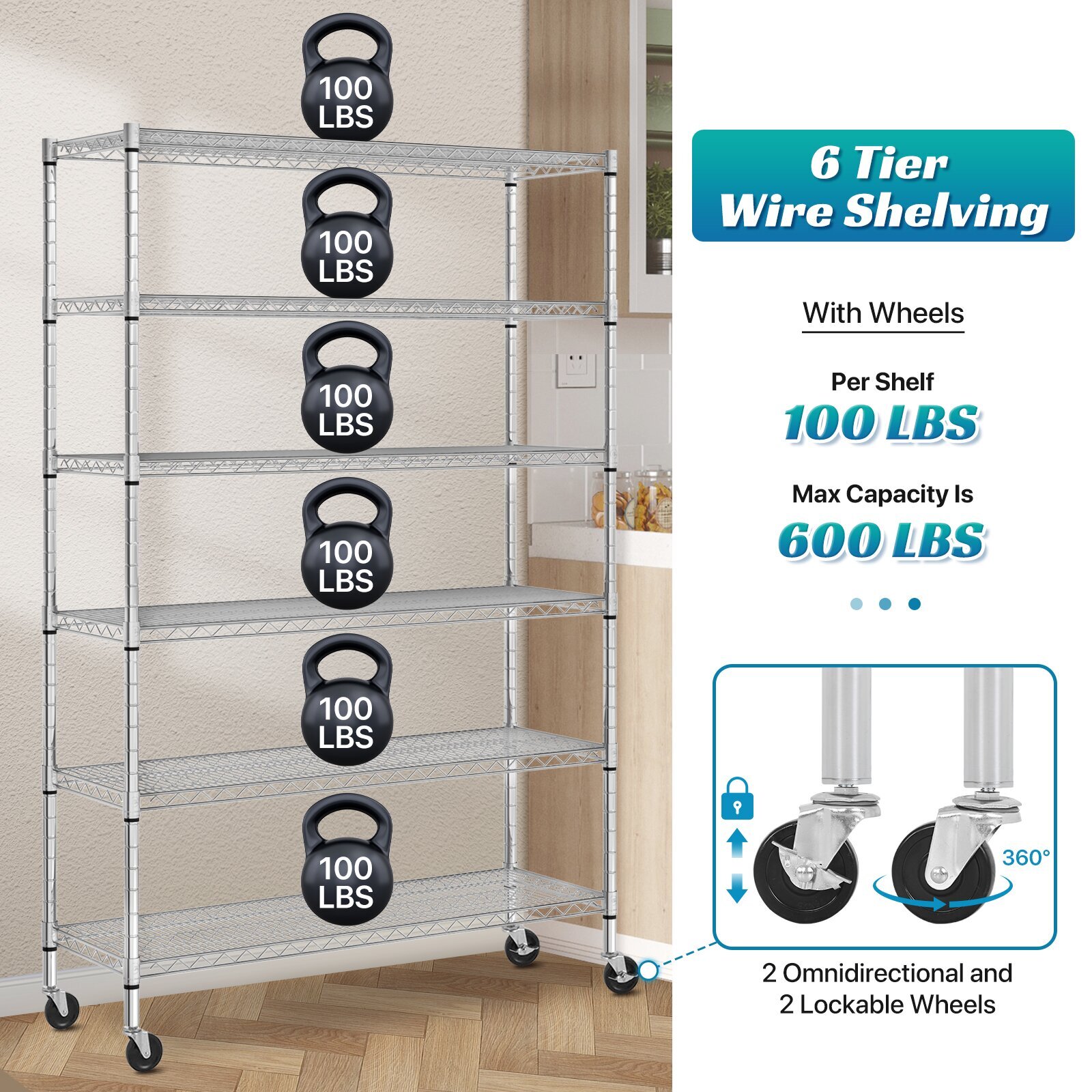 6-Tier Wire Shelving Unit NSF Metal Storage Rack 6000 LBS Capacity 18 ...