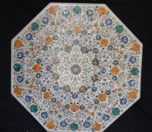 42" white Marble dining Table Top Inlaid semi precious stones art | eBay