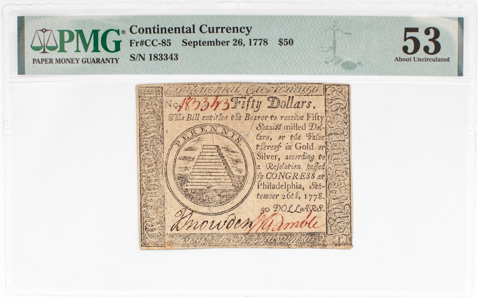 Fr. CC-85, Sept 26, 1778, $50 Continental Currency, "Perennis", PMG 53 ...